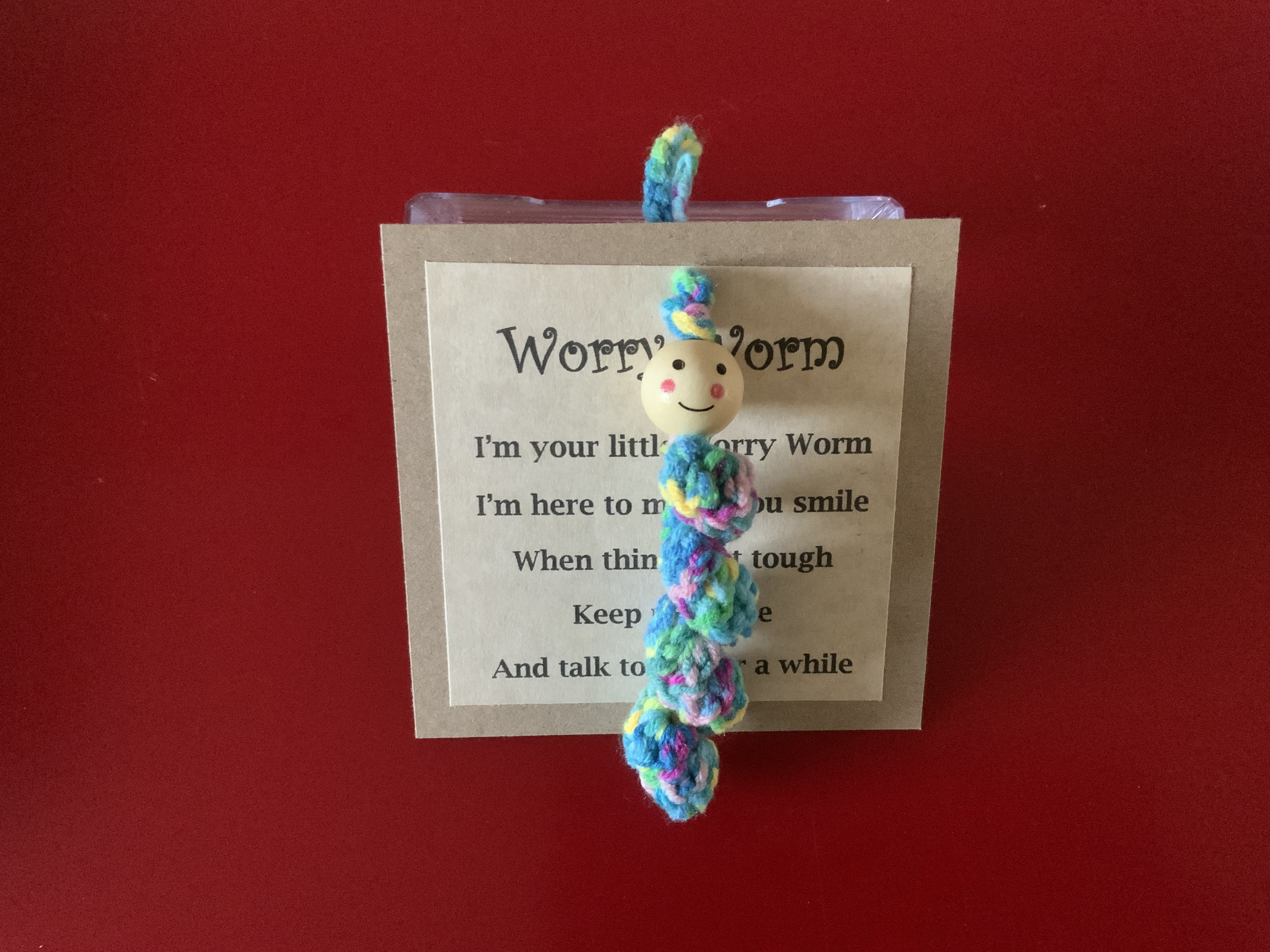 Worry Worm Multi Coloured Crochet Smiley Face Worry Worm Painted Wooden ...