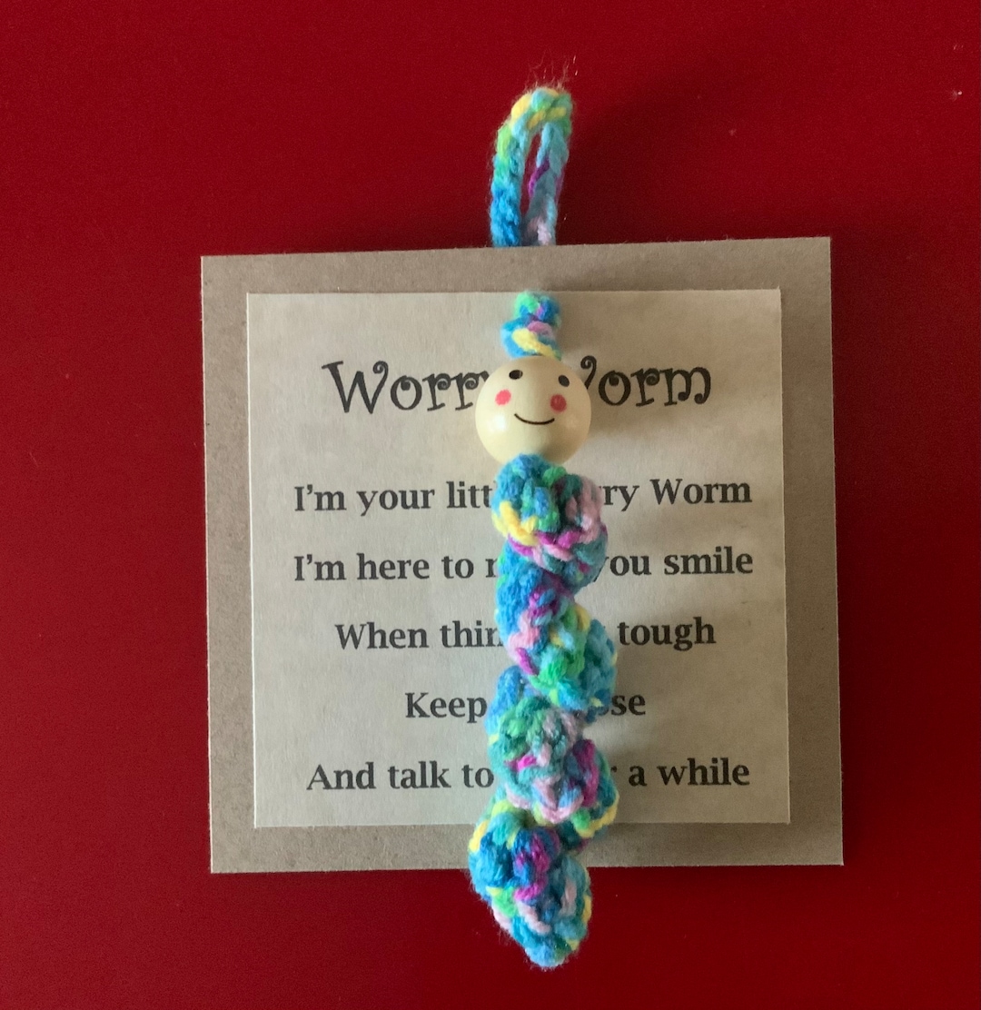 Worry Worm Multi Coloured Crochet Smiley Face Worry Worm Painted Wooden ...