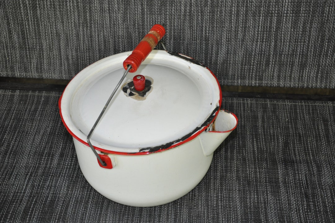 Vintage Enamel Ware Pot With Spout White and Red Enamelware Pot With ...