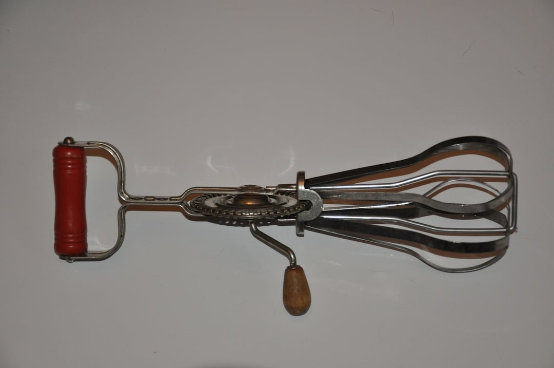 Vintage Egg Beater Hand Held Crank Mixer Wood Handle Rustic Kitchen ...