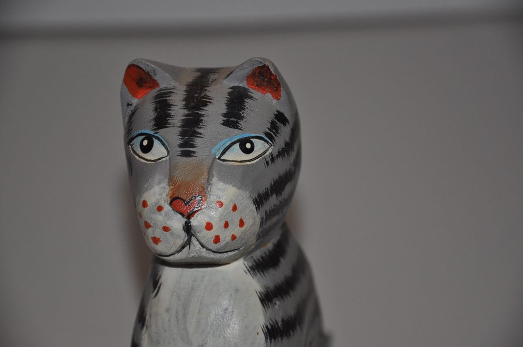 Wood Carved Tabby Cat Folk Art Wooden Figure Statue Grey Striped Feline ...