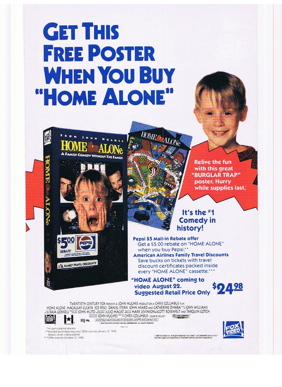 1991 HOME ALONE Macaulay Culkin Movie Poster Advertisement - Etsy