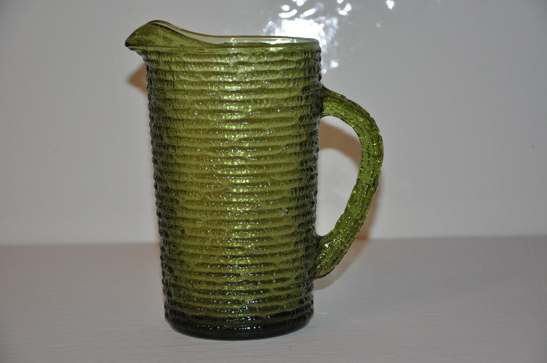 Vintage MCM Ribbed Green Glass Pitcher - Etsy