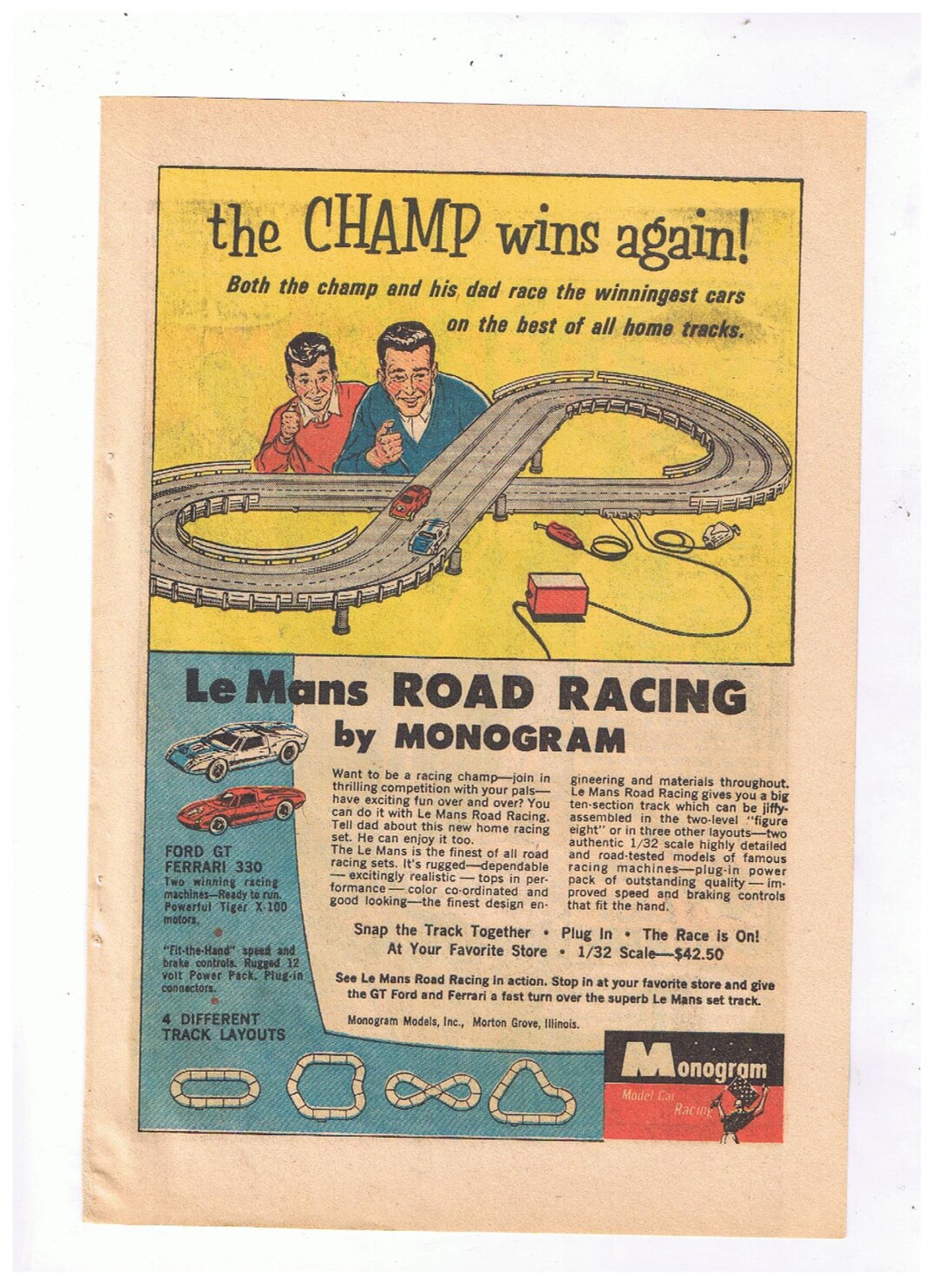 2X Ads 1966 Monogram Original Vintage Toy Race Car Track Advertisement ...