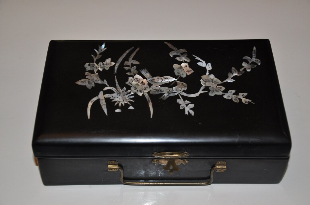 Vintage Abalone Pearl Inlay Black Laquered Jewelry Box With Bird and ...
