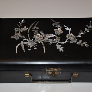 Vintage Abalone Pearl Inlay Black Laquered Jewelry Box With Bird and ...