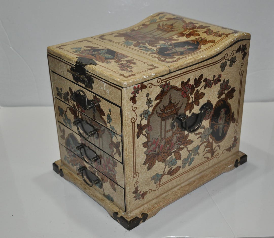 Vintage Asian Style Lacquer Wooden Jewelry Box With Fold Out Mirror ...