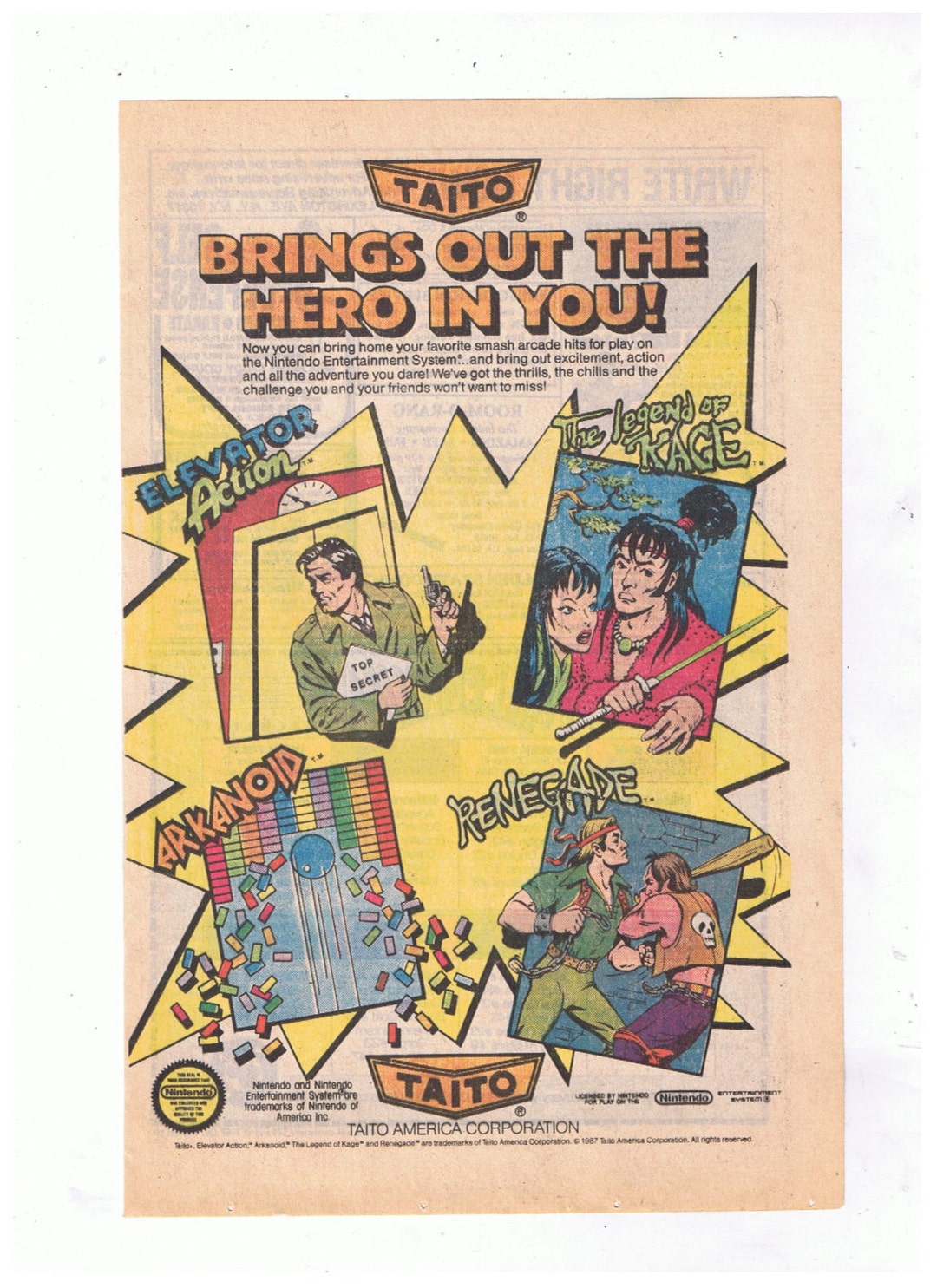 1987 TAITO Nintendo NES Elevator Action Renegade Arkanoid Original ...