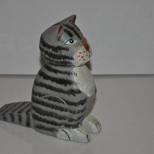 Wood Carved Tabby Cat Folk Art Wooden Figure Statue Grey Striped Feline ...