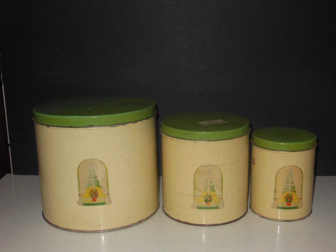 Set of 3 Vintage Green and Cream Color Nesting Tin Containers Kitchen ...