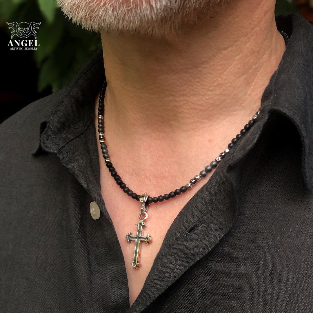 Mens Onyx Hematite Beaded Necklace, Sterling Silver Christian Cross - Etsy