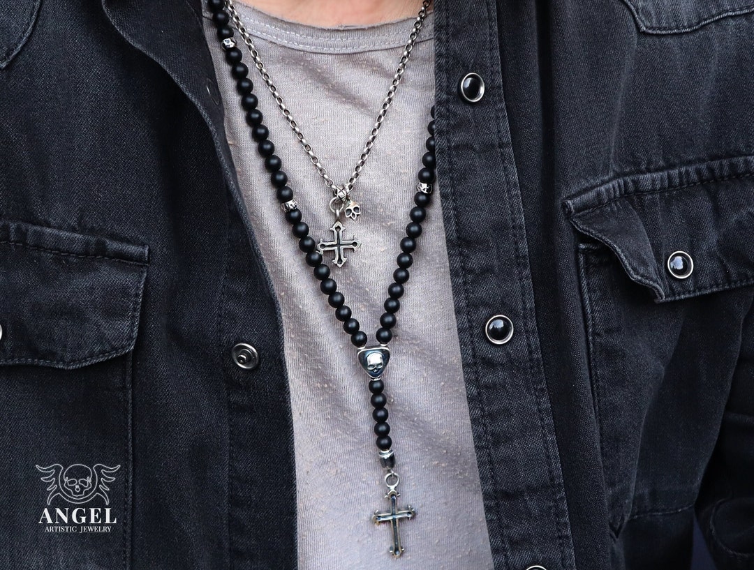 Mens Sterling Silver Cross Necklace, Black Onyx Rosary, Handmade - Etsy