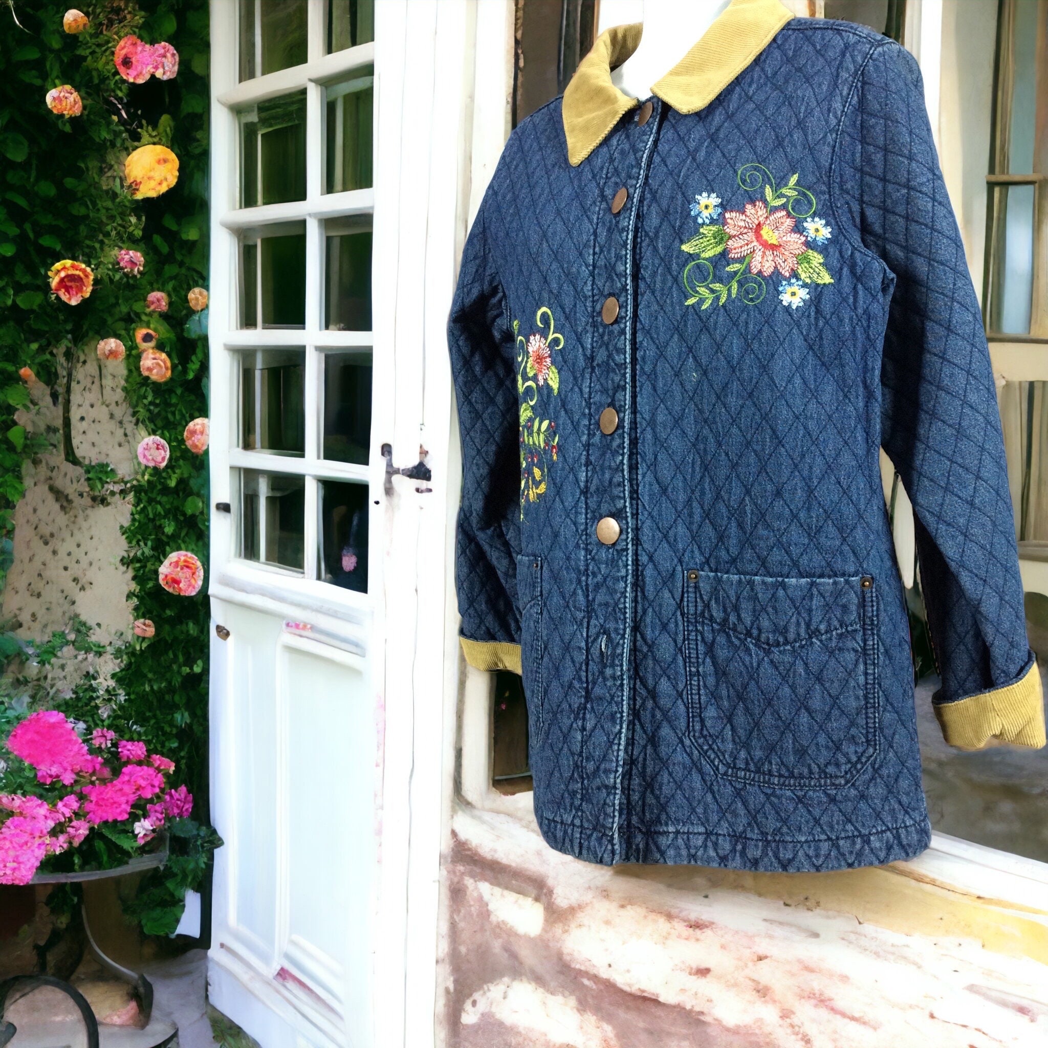 Embroidered Quilted Denim Jacket With Our Green Floral Garden Vines ...