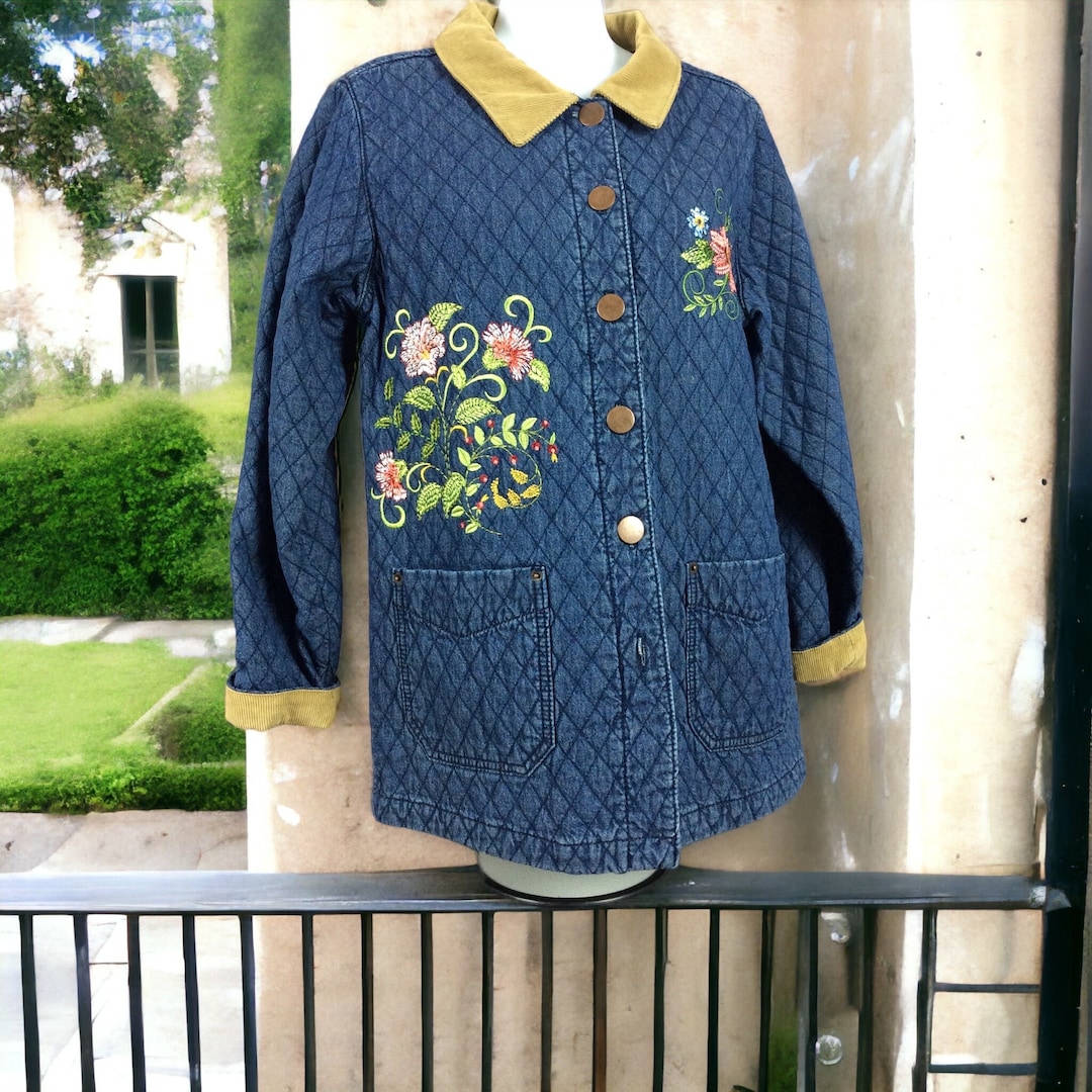 Embroidered Quilted Denim Jacket With Our Green Floral Garden Vines ...