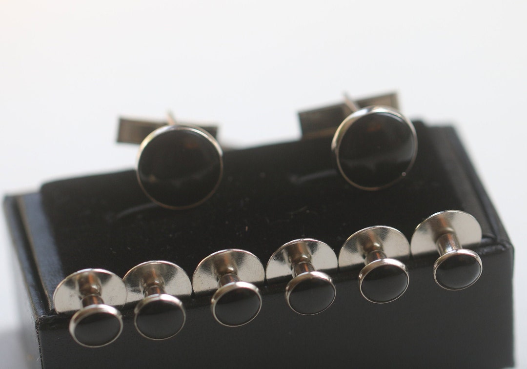 Vintage Tuxedo Cuff Links 6 Shirt Studs Set Black Onyx Silver Cufflinks ...