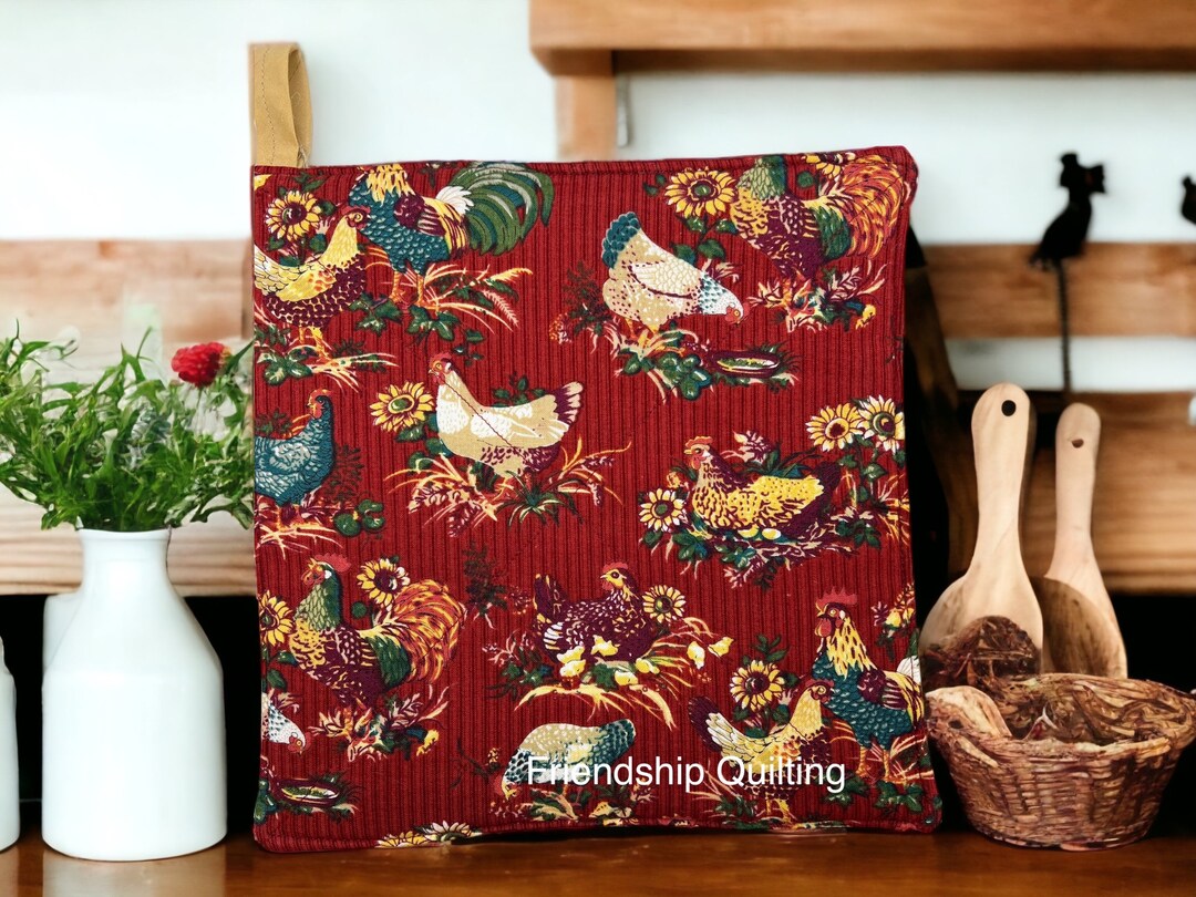 Rooster & Chicken Hot Pad, Burgundy Kitchen Decor, Farmhouse Gift ...