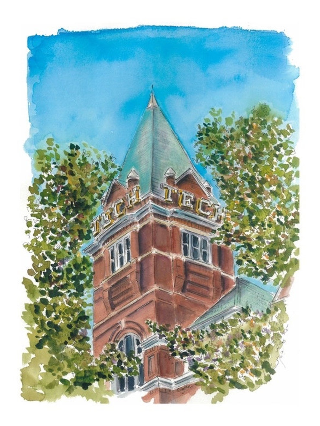 Tech Tower at Georgia Tech Watercolor Print - Etsy