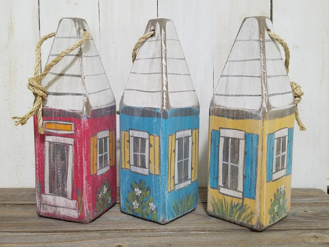 Wooden Beach House Buoy - Rustic Finish Hand Painted With Bright Beach ...