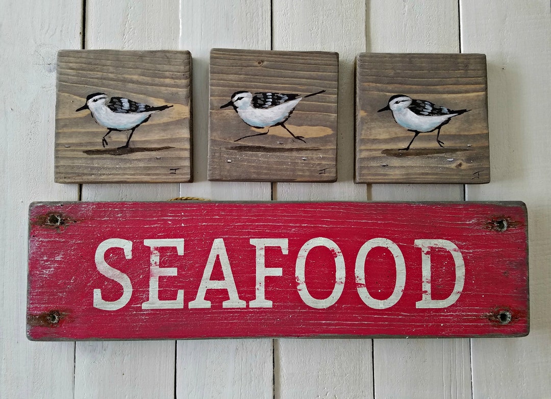 Wall Grouping - Seafood Sign - Rustic White Background - Sanderlings ...