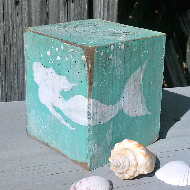 Mermaid Block Wooden Block Painted Block Nautical Decor - Etsy