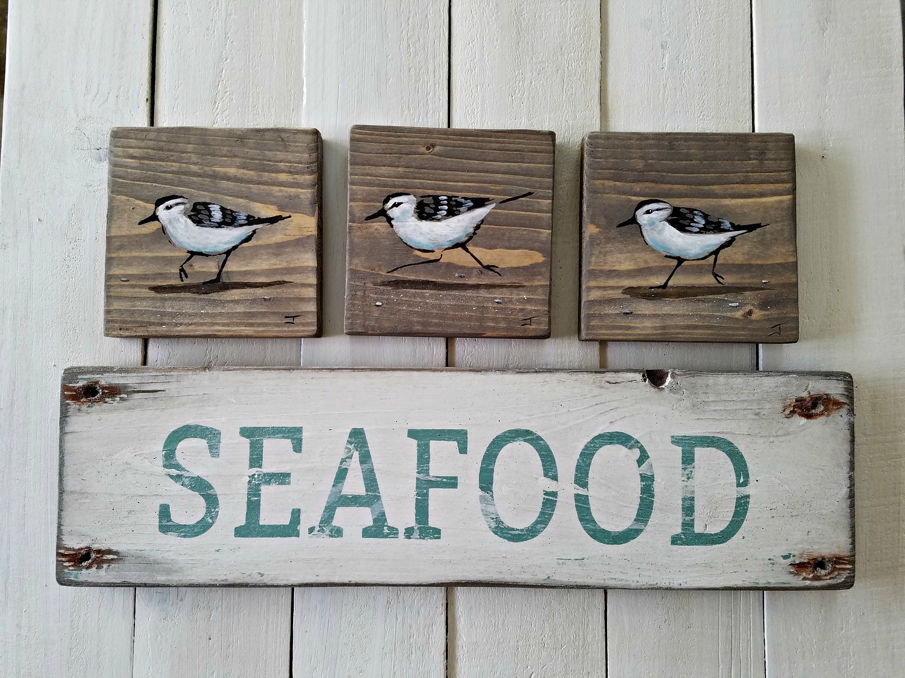 Wall grouping Seafood sign rustic white background | Etsy