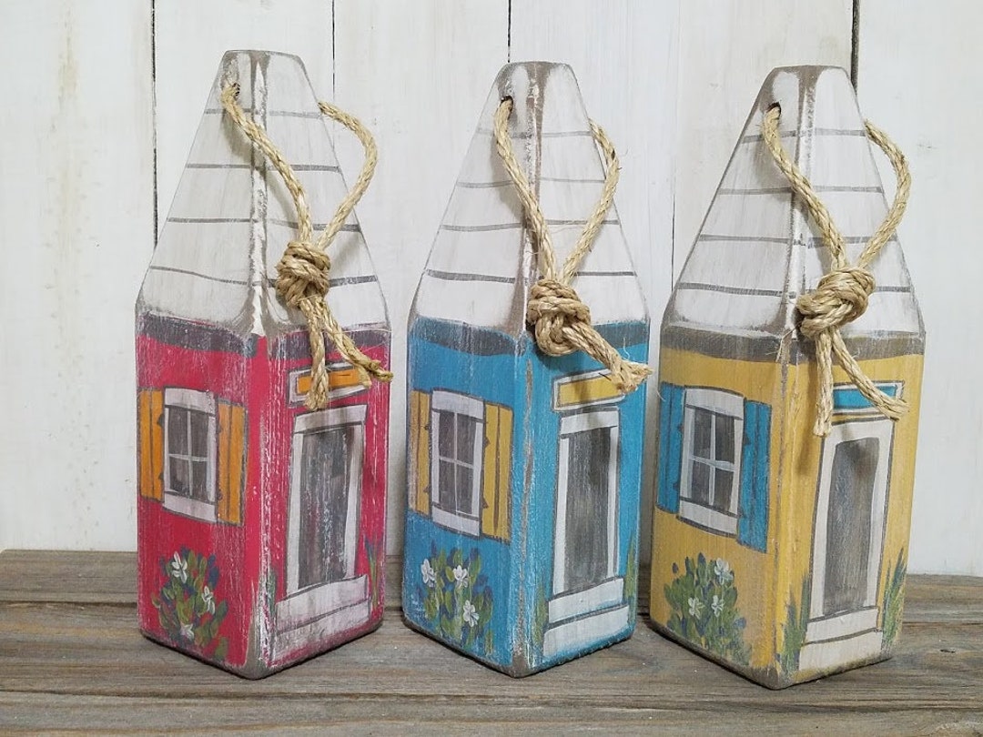 Wooden Beach House Buoy - Rustic Finish Hand Painted With Bright Beach ...