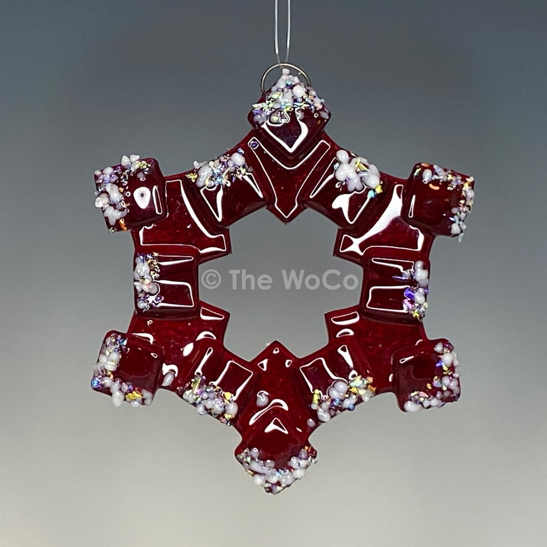 MERRY Red Crystalline Iridized Snowflake, Fused Glass Ornament ...