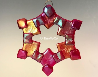 NORTH Red Iridized Snowflake Fused Glass Ornament Suncatcher | Etsy