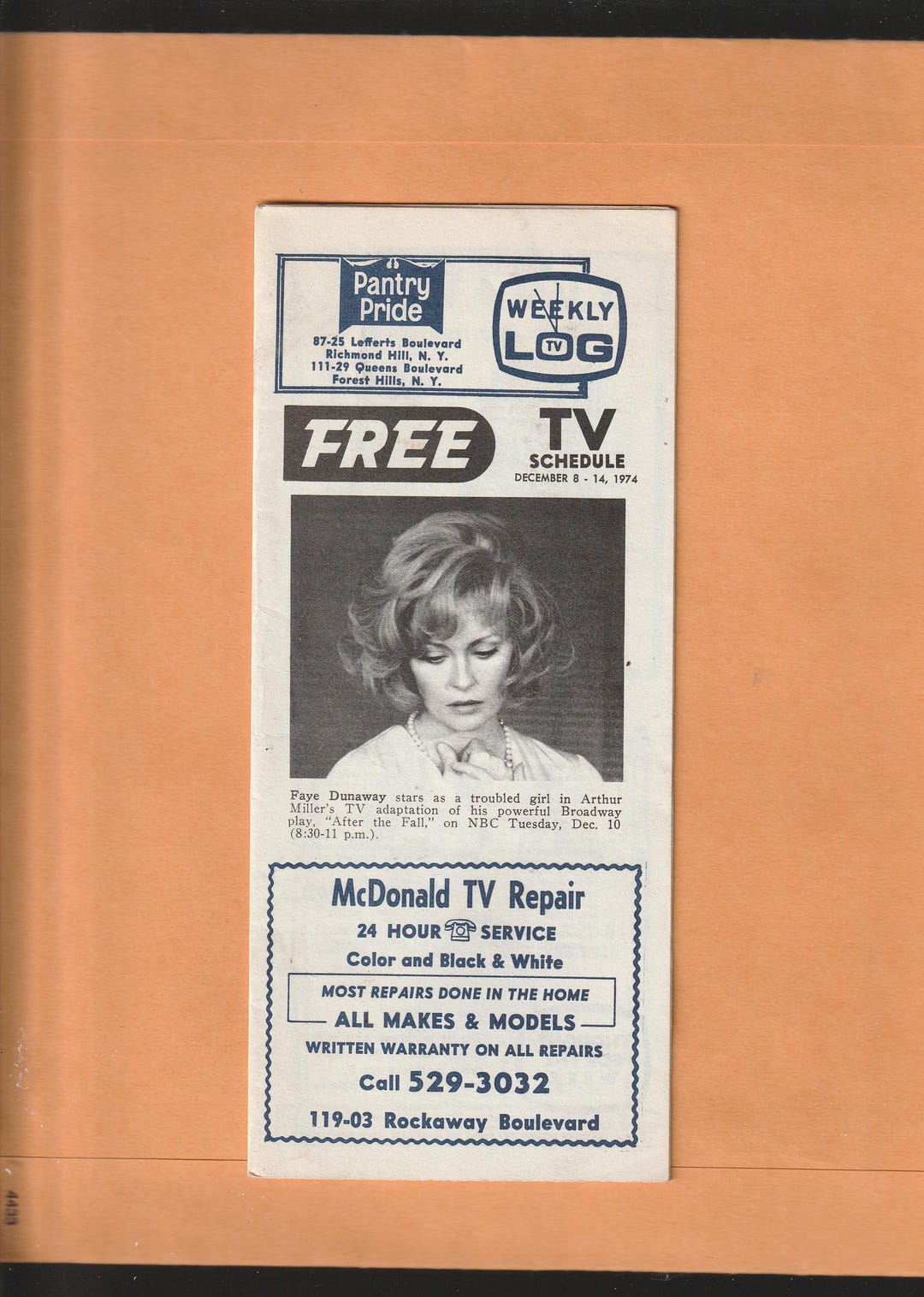 1974 FAYE DUNAWAY TV Weekly Log Schedule Ads Pantry Pride Pamplet *mary ...