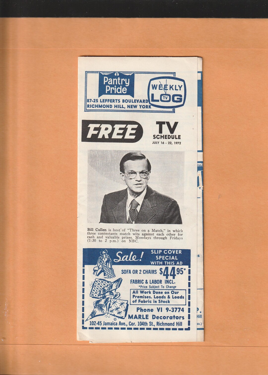 1972 BILL CULLEN TV Weekly Log Schedule Ads Pantry Pride Pamplet ...