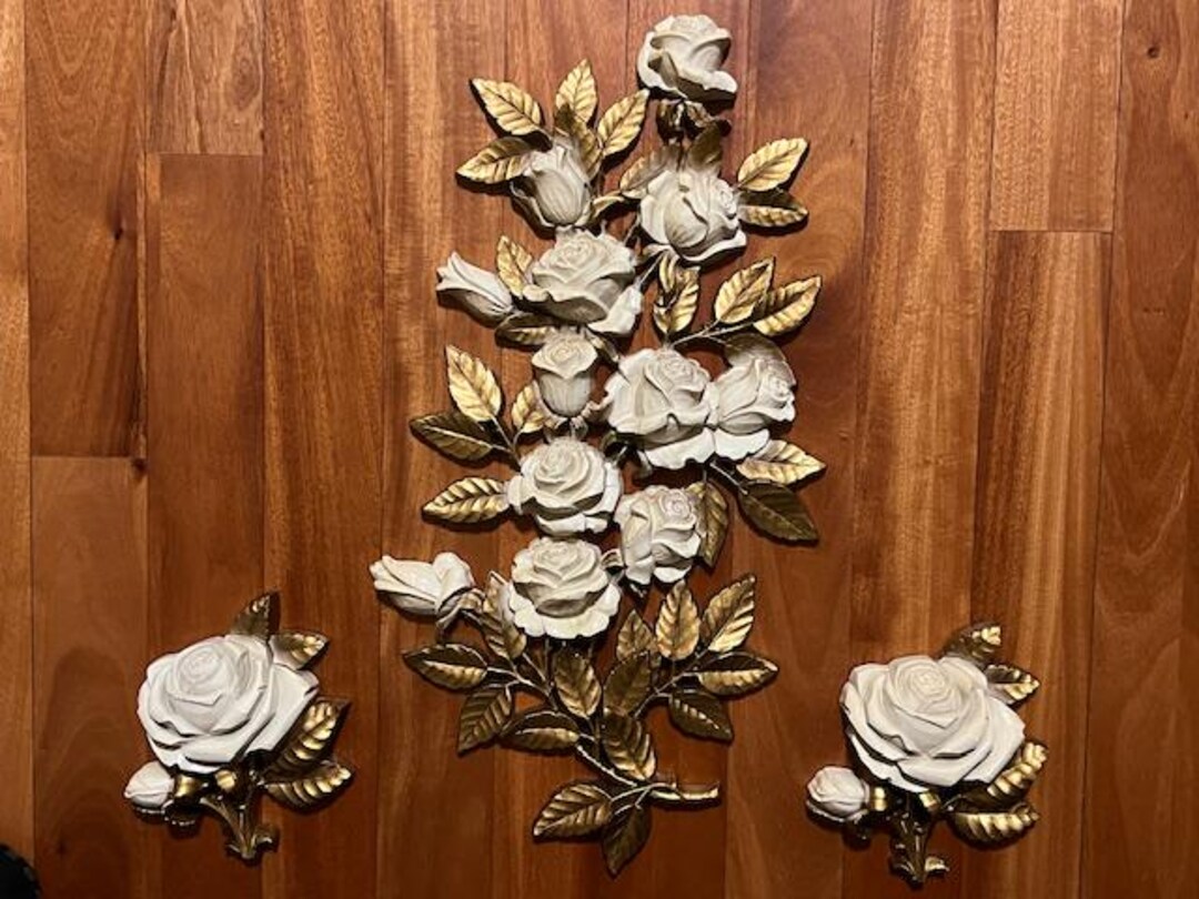 Homco Wall Hangings, 3 Piece Homco Gold and White Roses Wall Decor ...
