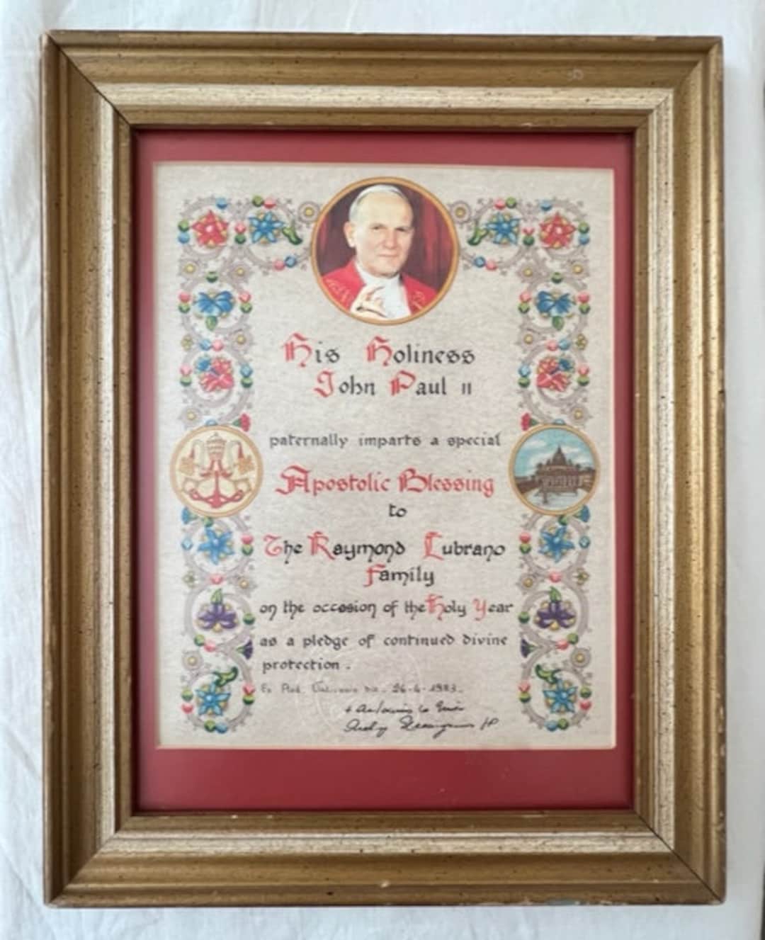 Pope John Paul II Family Blessing, Framed Papal Blessing, Framed 1983 Pope Family Blessing, Pope ...