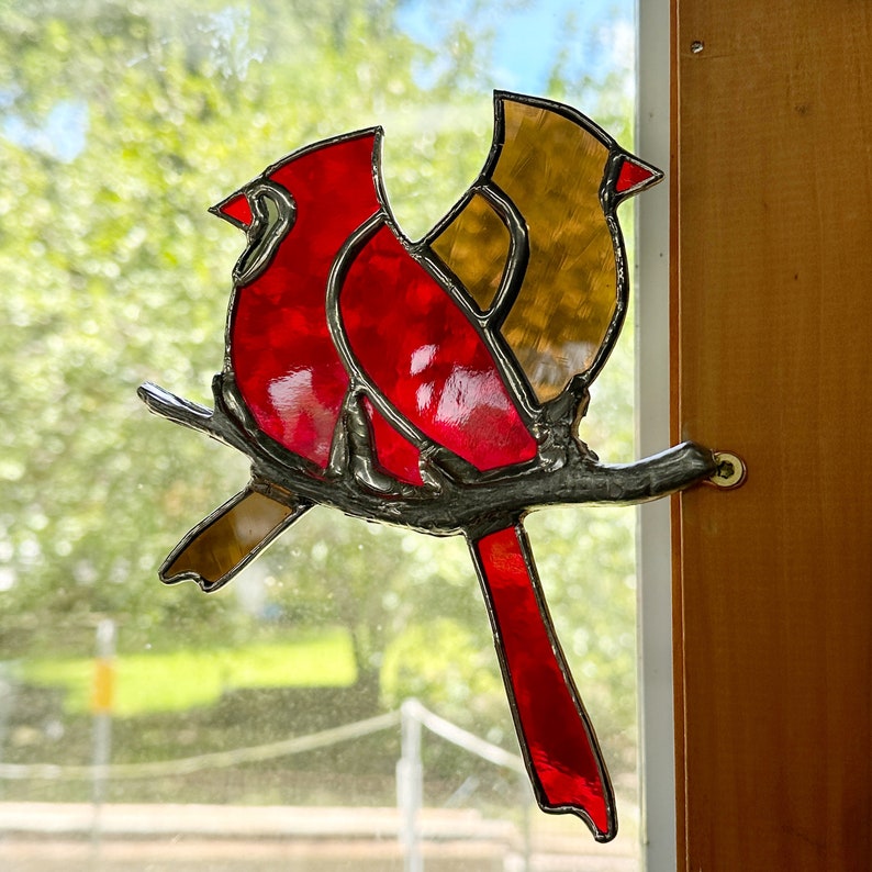 Personal Use Digital Cardinal Pair on a Branch Stained Glass Sun ...