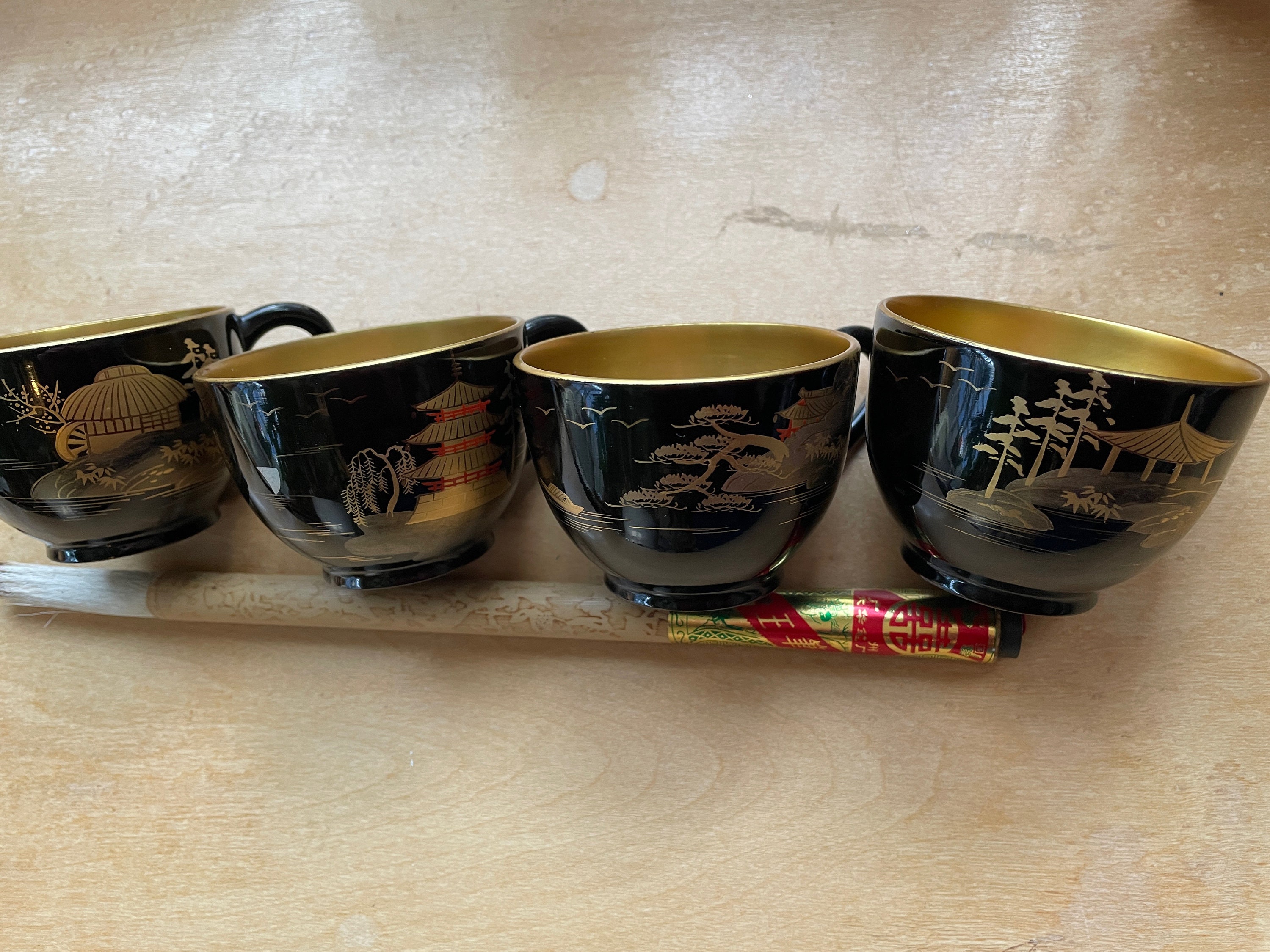 Vintage Retro 4 Black Fuji Japan Melamine Lacquer Cups With Gold ...