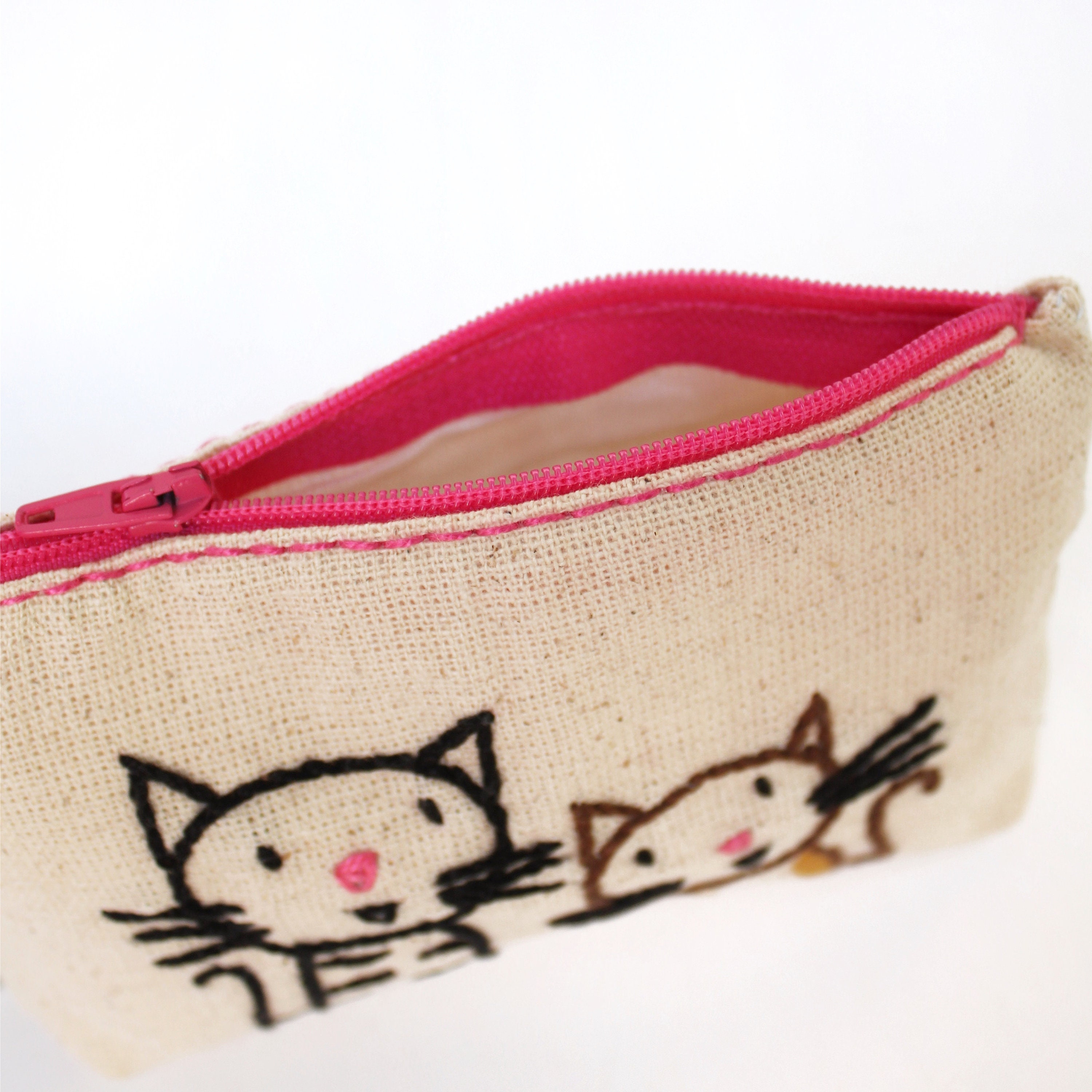 Cats Coin Purse Hand Embroidery on Linen Fabric Zipper Pouch Gift for ...