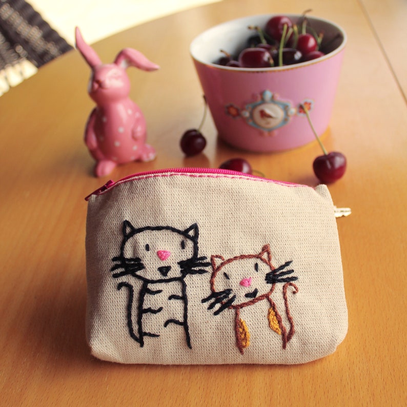 Cats Coin Purse Hand Embroidery on Linen Fabric Zipper Pouch Gift for ...