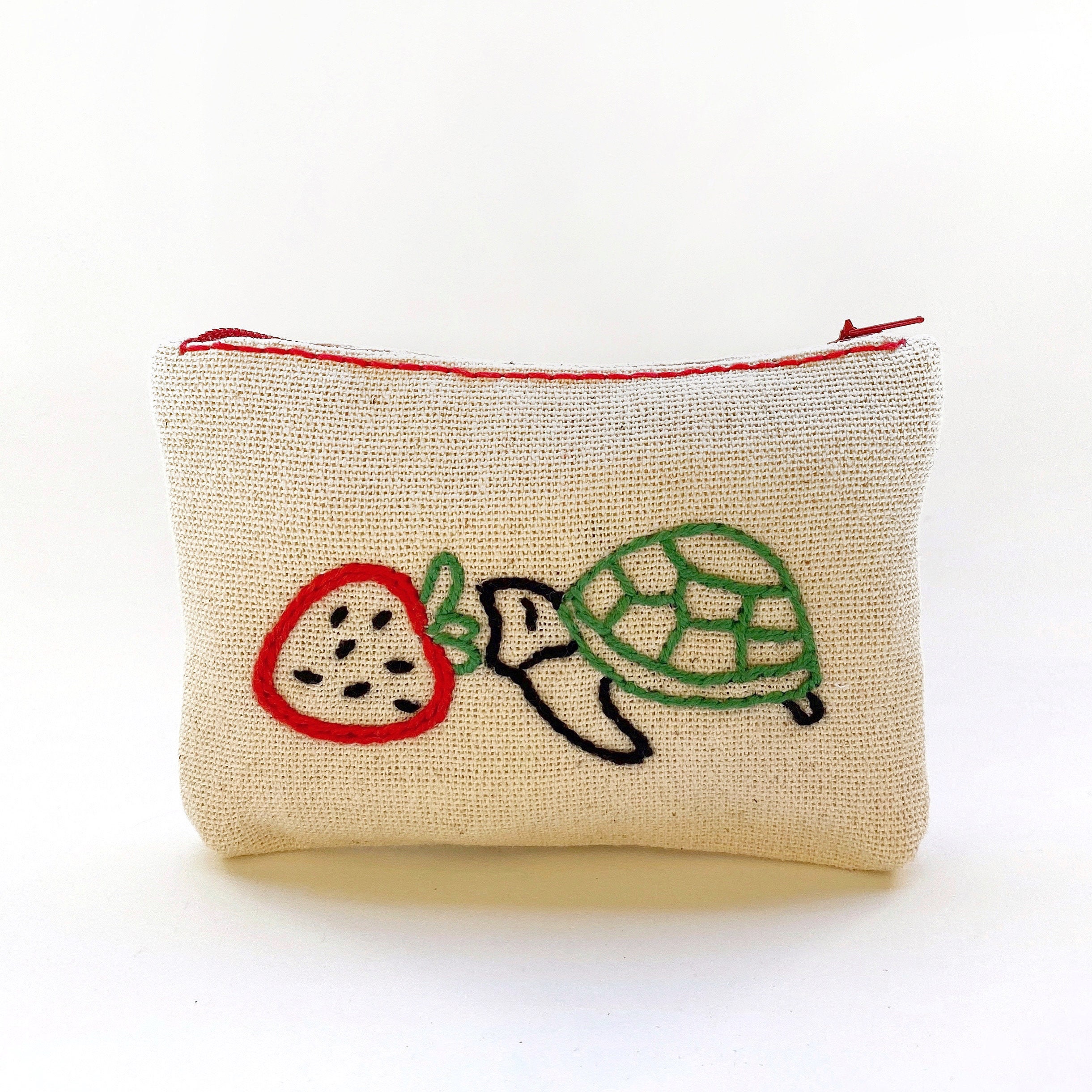 Coin Pouch Turtle Strawberry / Hand Embroidered Pouch Linen Pouch Coin ...