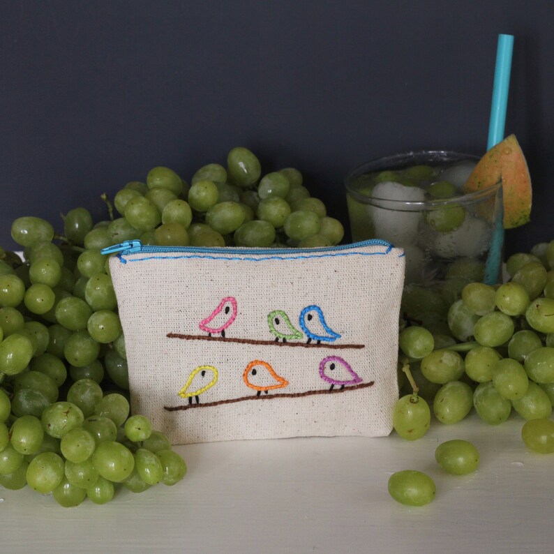 Birds Pouch , Hand Embroidery on Linen , Fabric Zipper Pouch , Hand ...