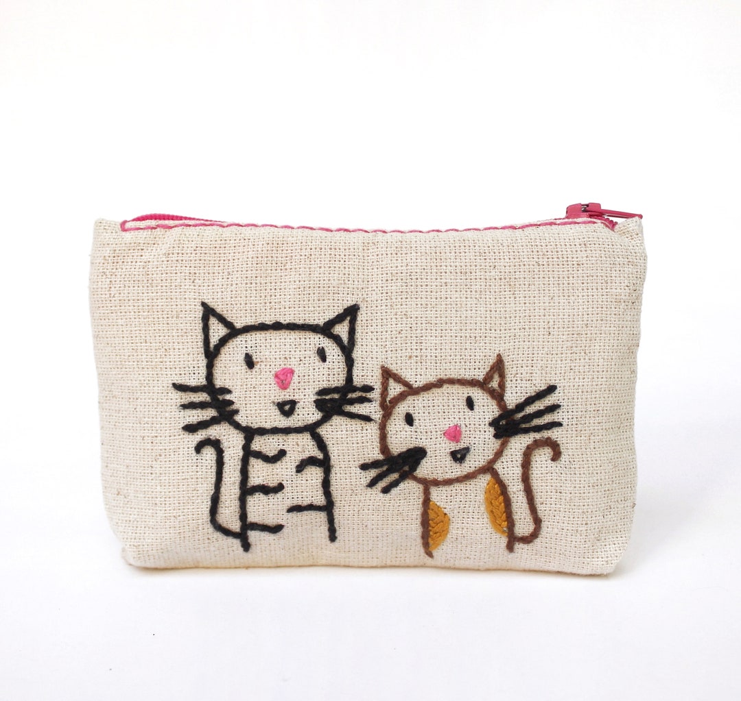 Cats Coin Purse Hand Embroidery on Linen Fabric Zipper Pouch Gift for ...