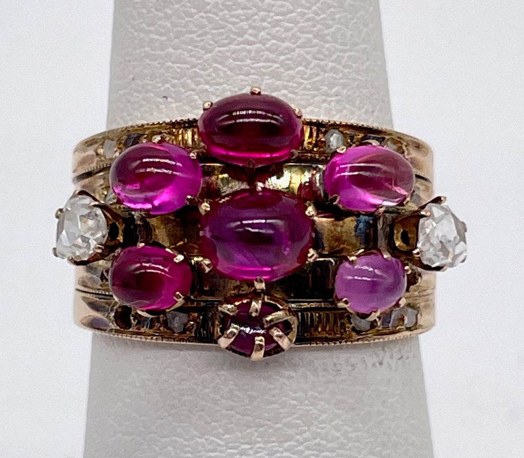 Antique 12k Yellow Gold Ruby & Rose Cut Diamond Victorian 5-band Harem ...