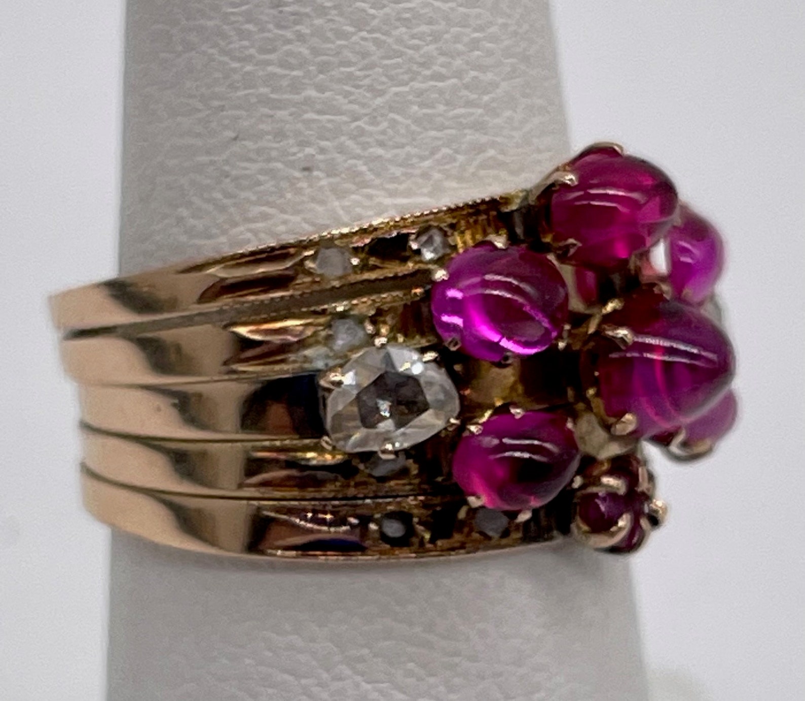 Antique 12k Yellow Gold Ruby & Rose Cut Diamond Victorian 5-band Harem ...