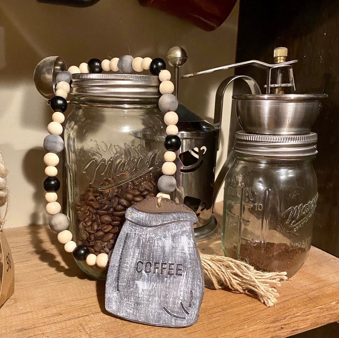 Farmhouse Coffee Themed Beaded Garland With Painted Black, Stained Gray ...