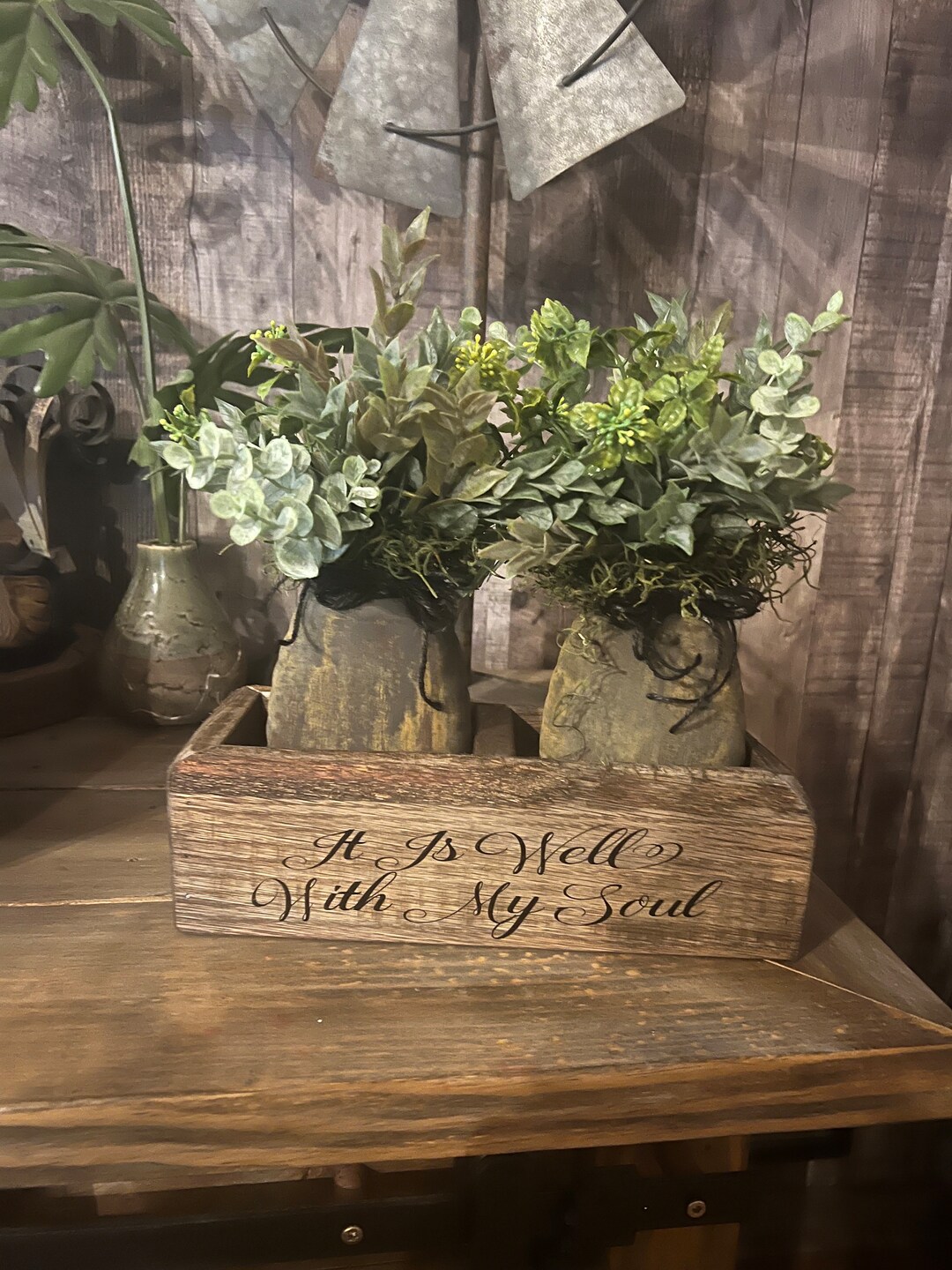 Rustic Farmhouse Greenery Arrangement Includes 2 Hand Painted Honey ...