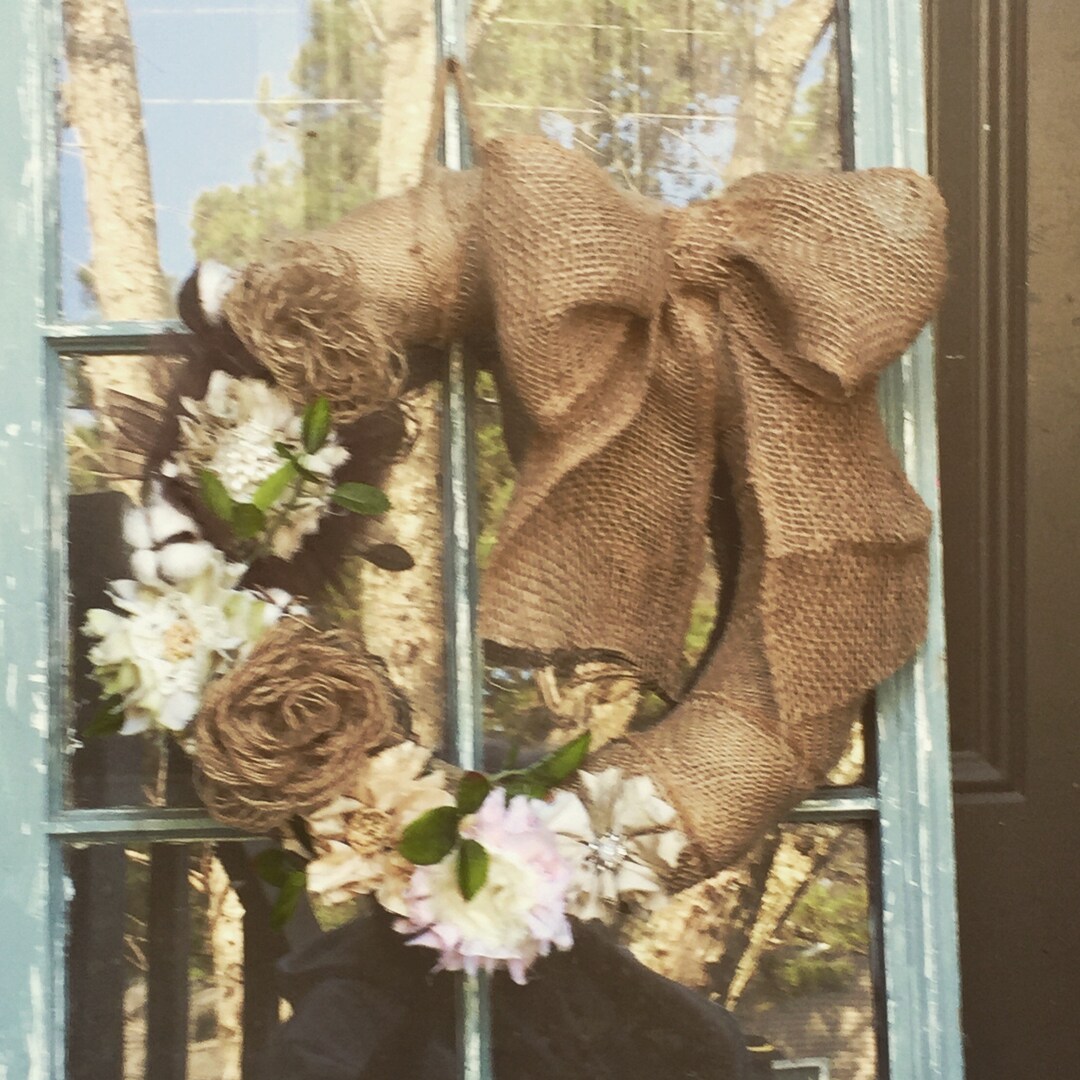 Shabby Chic Round Burlap, Cloth and Lace Farmhouse Wreath. - Etsy