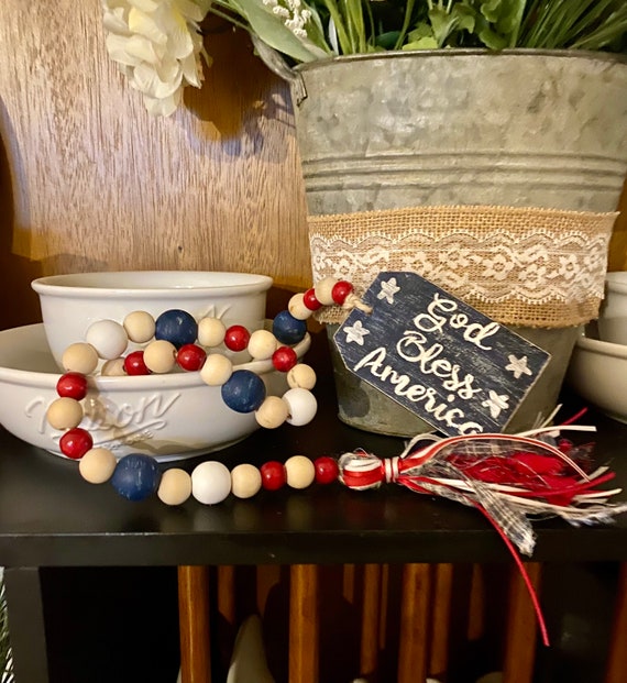 Farmhouse patriotic red white and blue beaded garland 35 with | Etsy