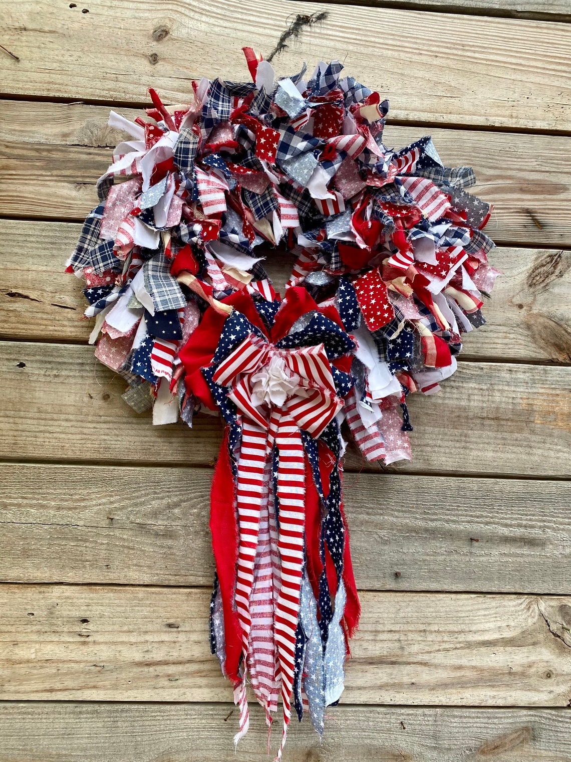 Red White and Blue Patriotic Rag Wreath With Large Rag Bow. - Etsy