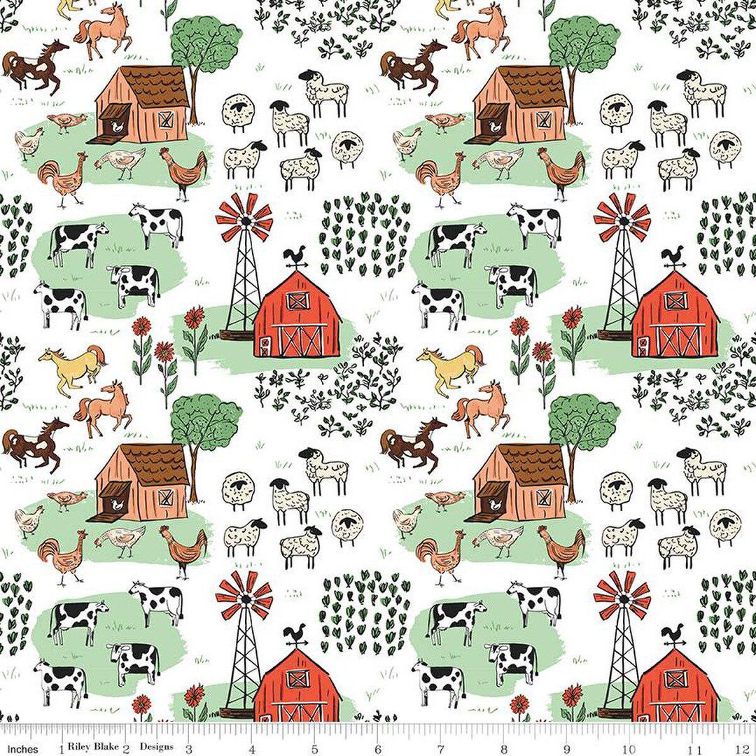 Farm Livin Main Farm Scene in White Fabric by Diane Labombarbe for ...