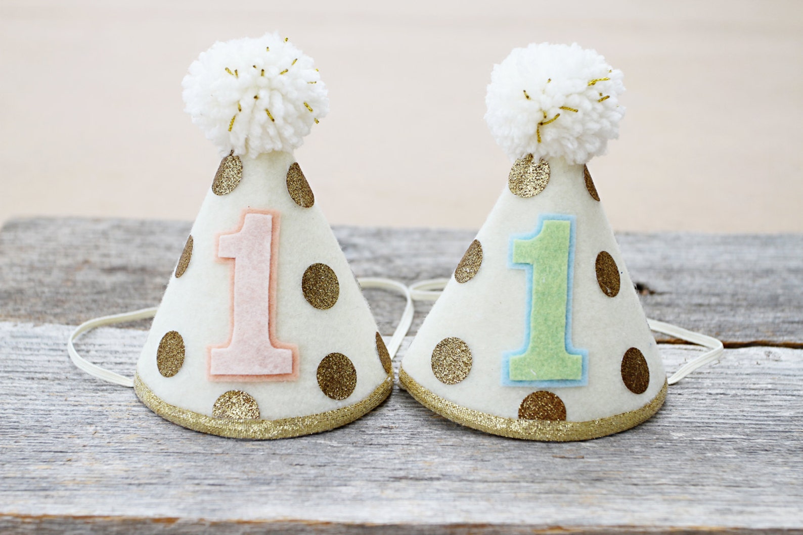 Girl Boy Twins 1st Birthday Gold Polkadot Small Party Hats - Pastel ...