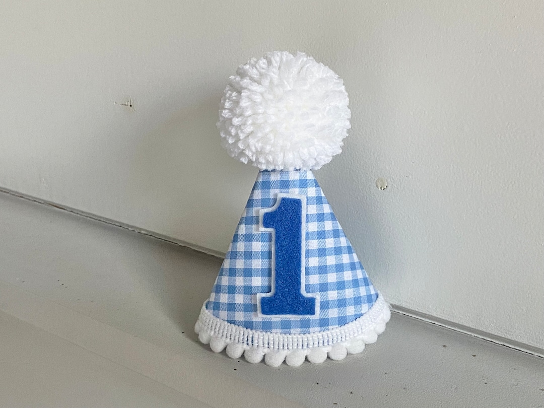 Boy 1st Birthday Hat - Blue Gingham Party Hat - Boy First Birthday Hat ...