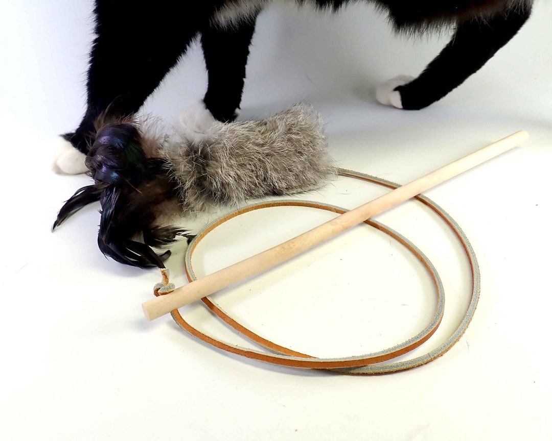 NEW COLOR Grey Rabbit Fur and Feathers Cat Toy Wand, Wooden Handle ...